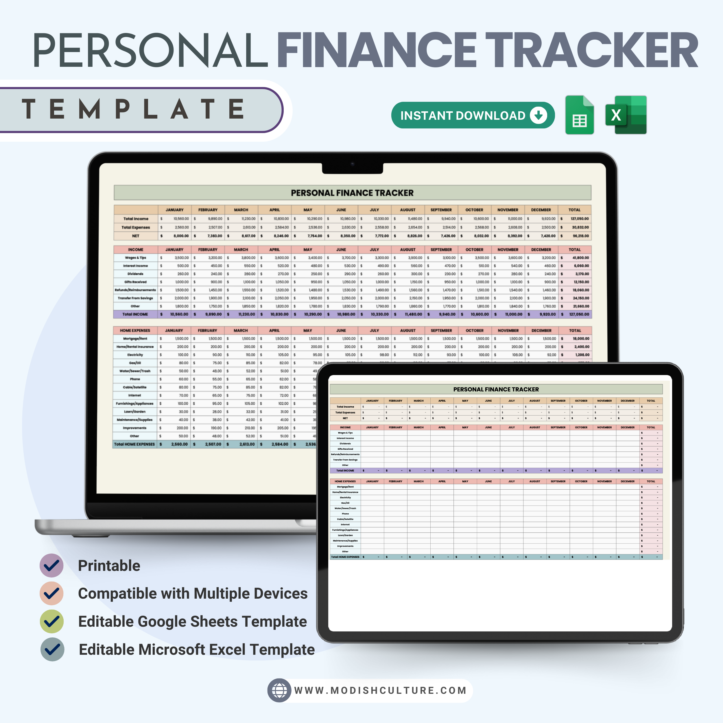 Personal Finance Tracker Template | Microsoft Excel Spreadsheet | Goog ...